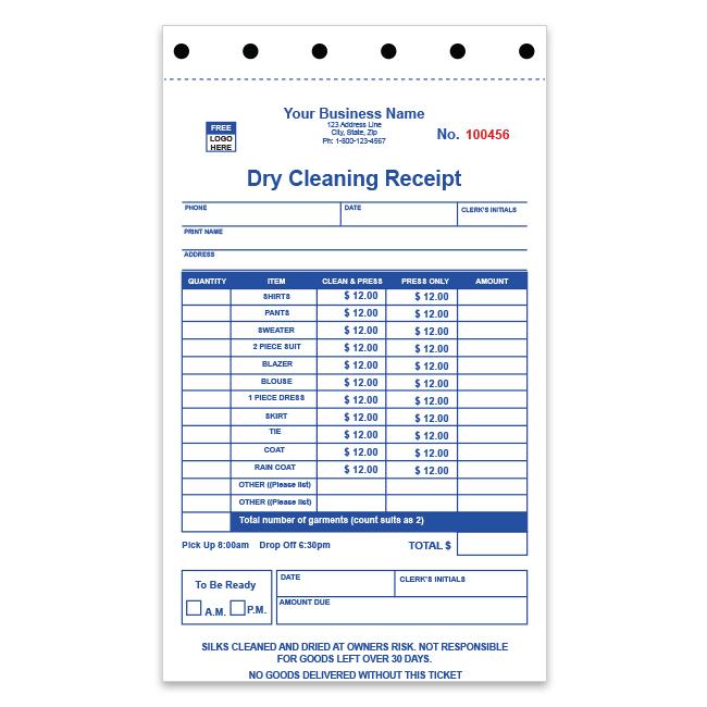 Dry Cleaning Bill Receipt Carbonless Copies Custom Printed 